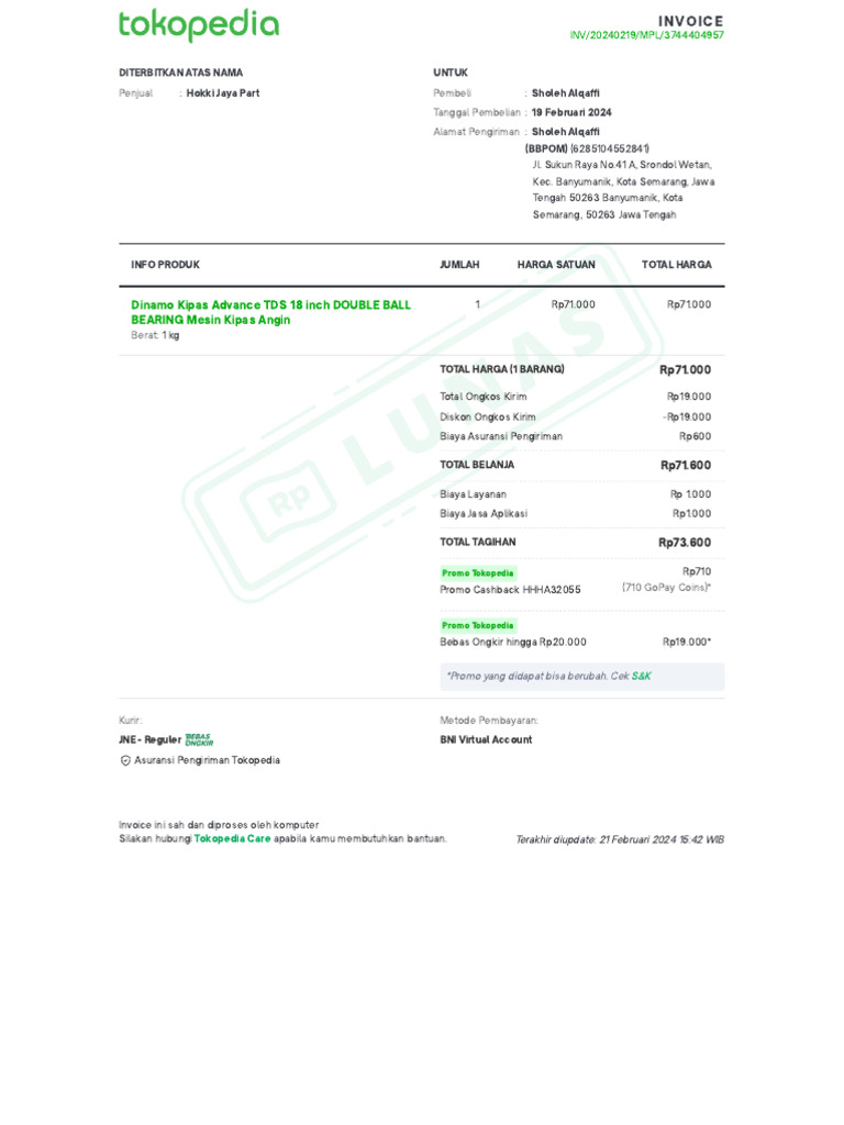 Invoice Pembelian Tokopedia | PDF