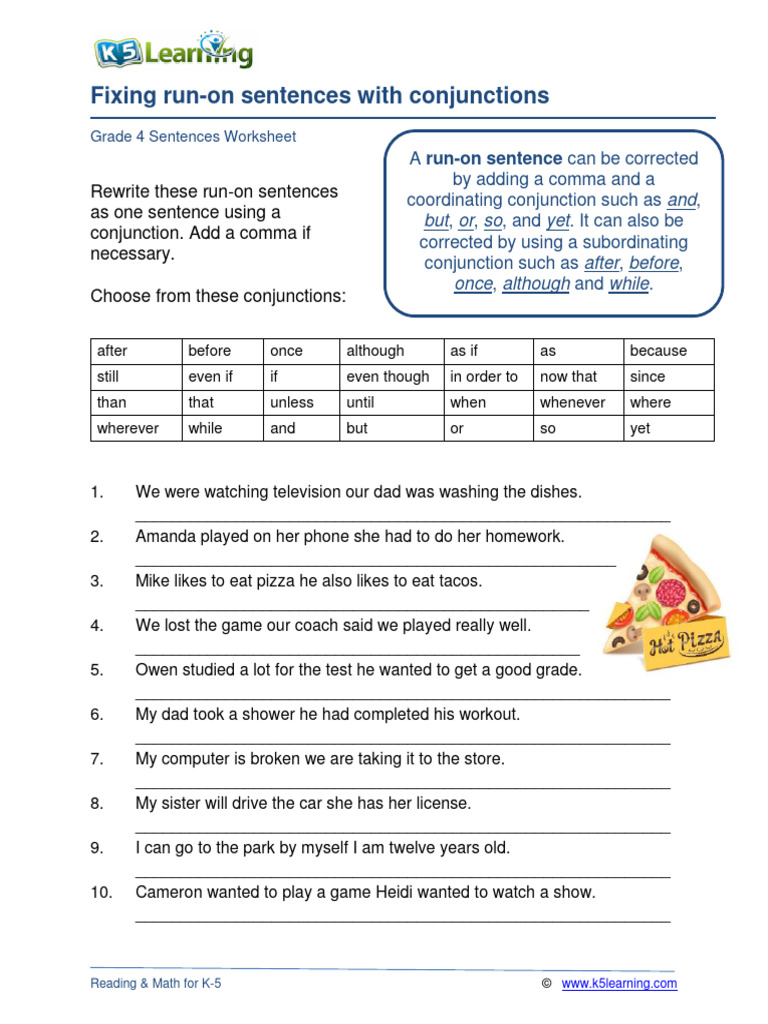 Grade 4 Run On Sentences Conjunctions A | PDF | Grammar ...