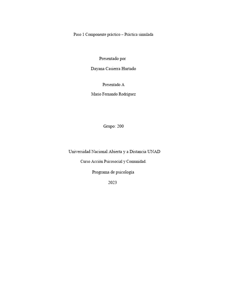Paso 1 Componente Práctico Accion Psicosocial y Comunidad | PDF | Relaciones personales, crianza ...