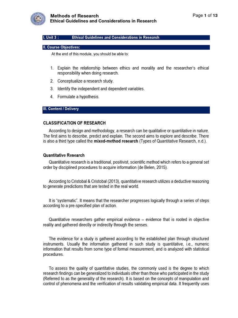 Unit 3 Ethical Guidelines and Considerations in Research | PDF ...