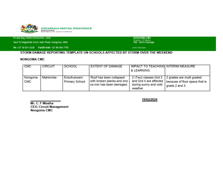 Nongoma CMC Report On Storm Damage Entuthukweni Primary School | PDF