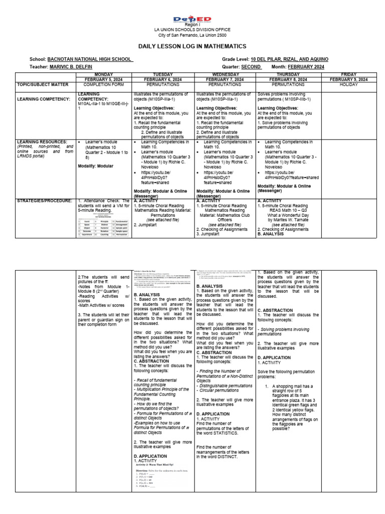 DLL G10 Quarter 3 Week 1 M. Delfin | PDF | Permutation | Mathematics