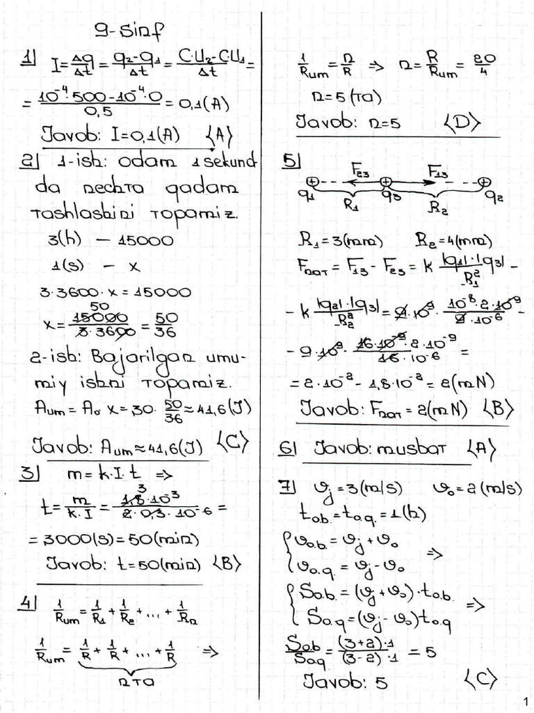 9-Sinf Fizika Test Yechimlari | PDF