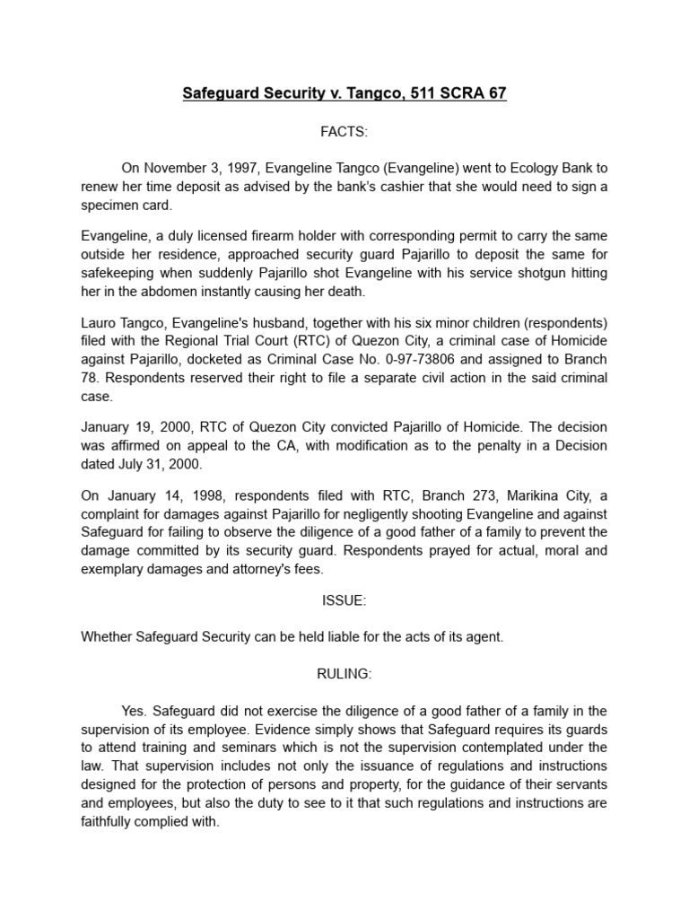 Safeguard Security v. Tangco, 511 SCRA 67 (Proof of Employee's Fault ... Safeguard Security v. Tangco, 511 SCRA 67 (Proof of Employee's Fault ...