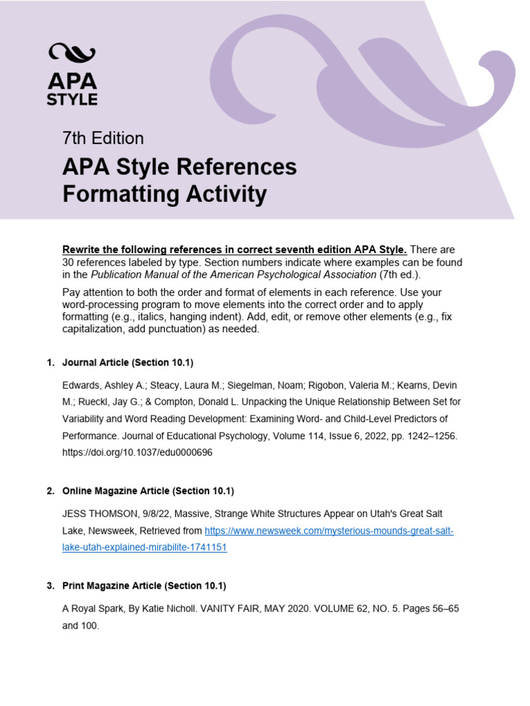 APA 7th Edition Reference Formatting Guide | PDF | Apa Style | American ...