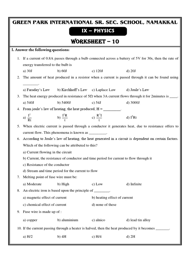 Ix Physics Worksheet - 10 | PDF | Electrical Resistance And Conductance ...