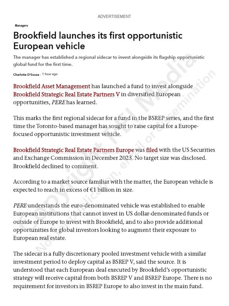 Brookfield Launches Its First Opportunistic European Vehicle | PDF ...
