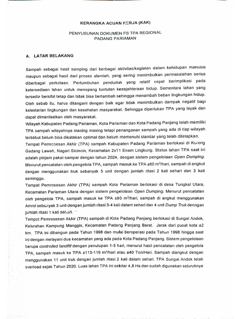 1 KAK FS TPA Regional Padang Pariaman 2023 | PDF