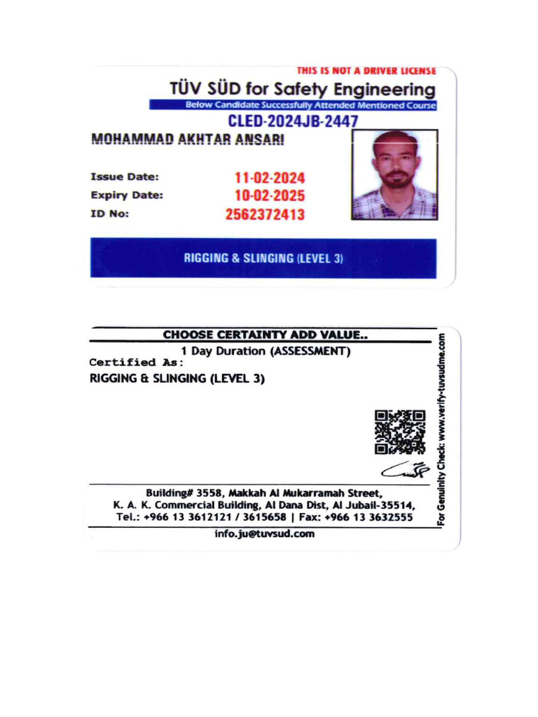 Mohammad Akhtar Ansari Rigging & Slinging 3 TUV Card Exp 10.02.2025 | PDF