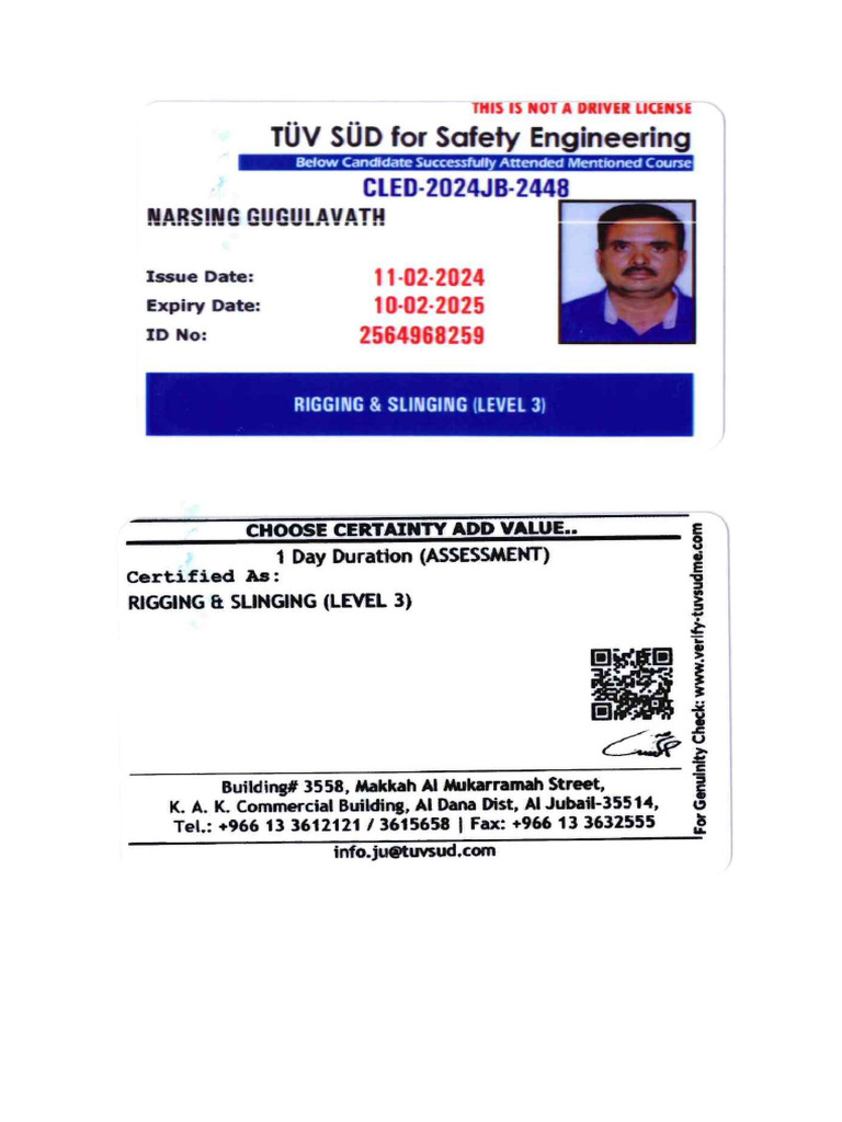 Narsing Gugulavath Rigging & Slinging 3 TUV Card Exp 10.02.2025 | PDF
