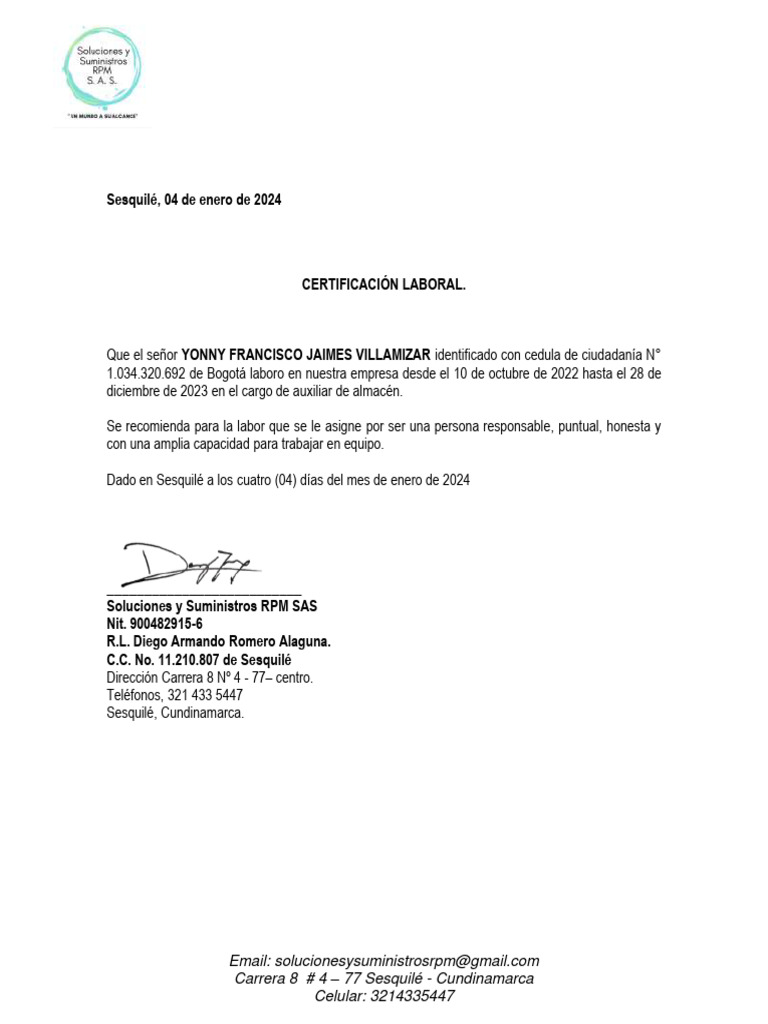 Certificación Laboral Yonny Jaimes | PDF