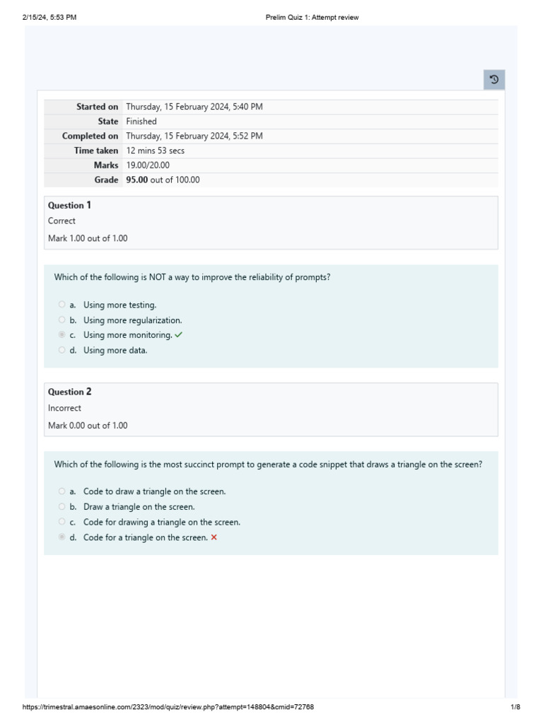 AI6100: Prelim Quiz 1 - Attempt Review | PDF | Engineering | Machine Learning