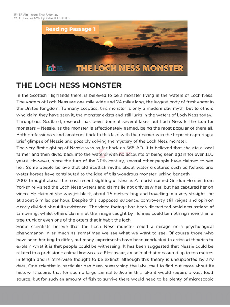 Paket Reading 20-21 Januari 2024 Kelas Ielts BTB | PDF | Loch Ness Monster | Sex Segregation