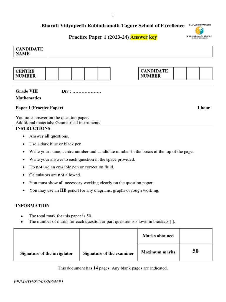 G8 Math Practice Paper 1 Answer Key | PDF | Mathematics