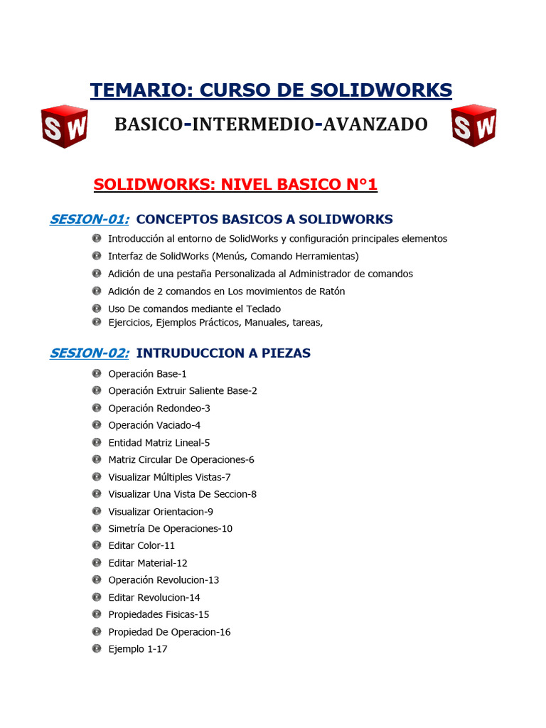 Temario-Solidwork-Basico-Intermedio-Avanzado Op. | PDF