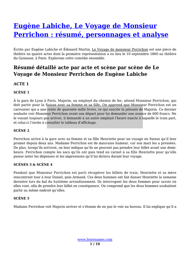 Eugene Labiche Le Voyage de Monsieur Perrichon Resume Personnages Et ...
