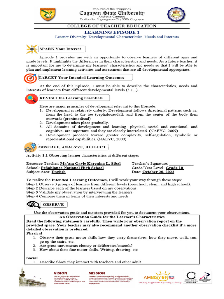 Field Study 1 Learning Episodes | PDF
