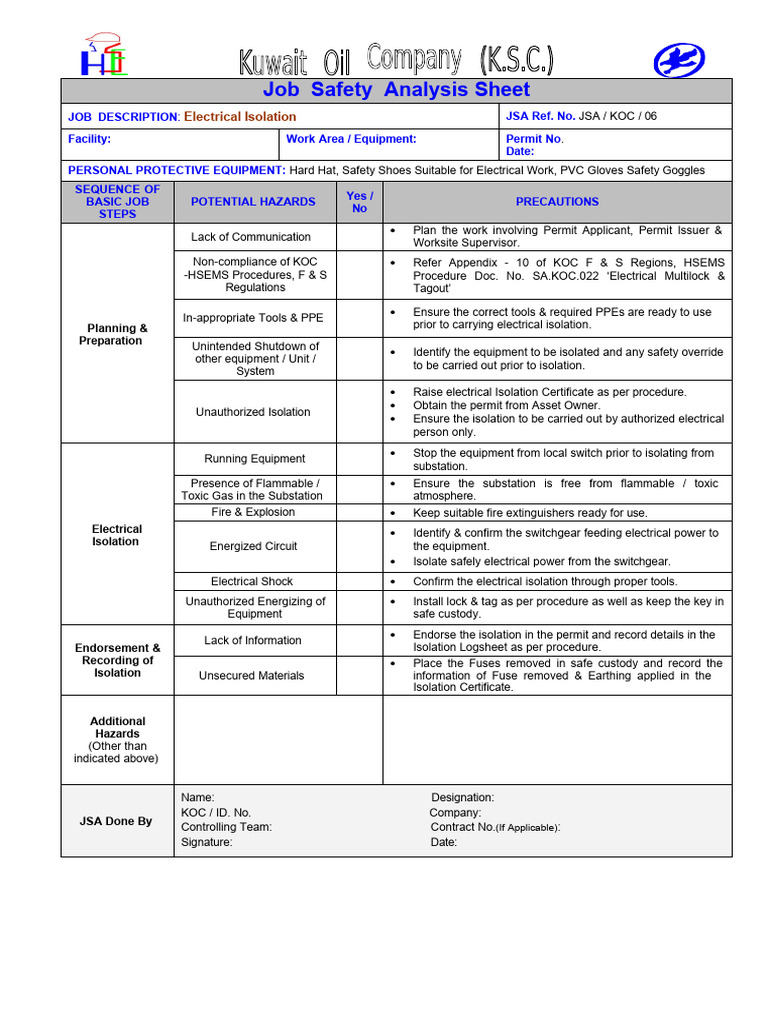 Jsa 06 Electrical Isolation | PDF | Personal Protective Equipment ...