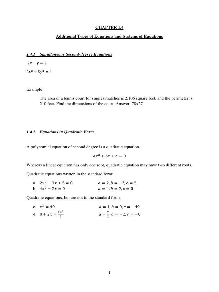CHAPTER 1.4 Additional Types of Equations and Systems of Equations ...