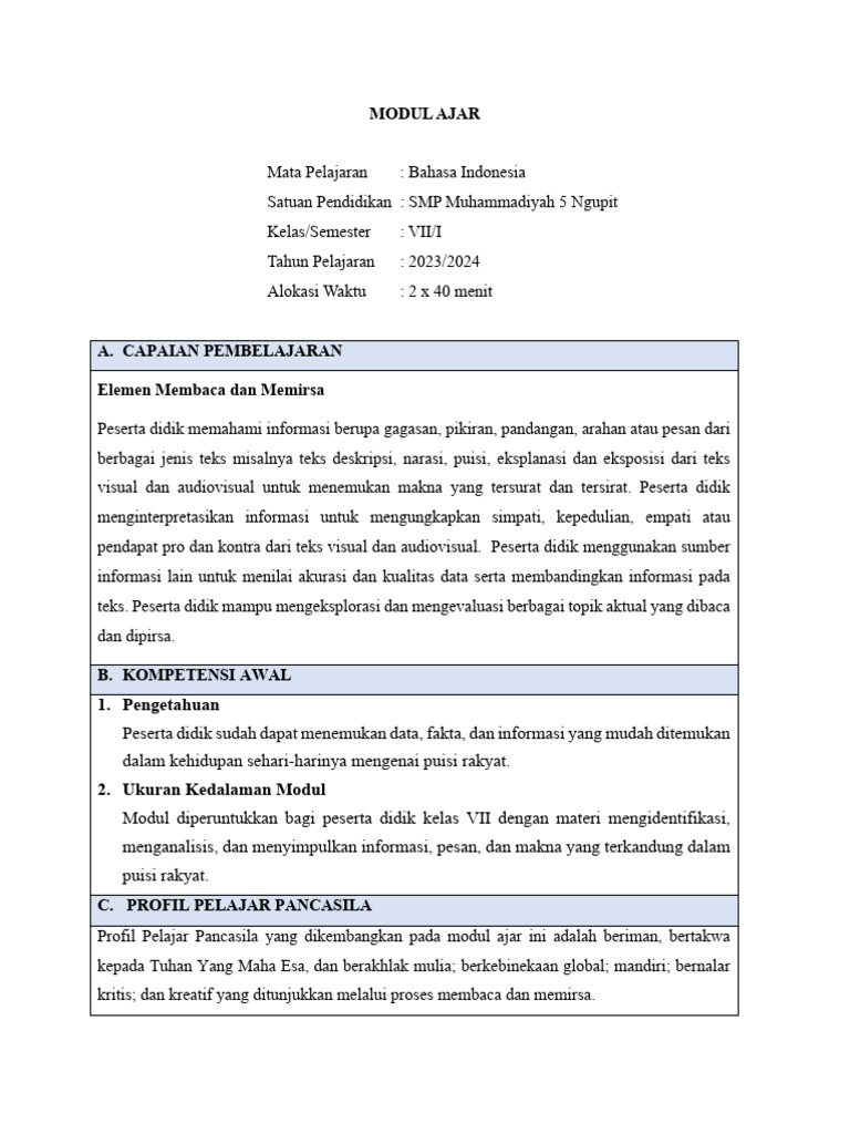 1 Modul Ajar (Puisi Rakyat) | PDF | Karier & Perkembangan