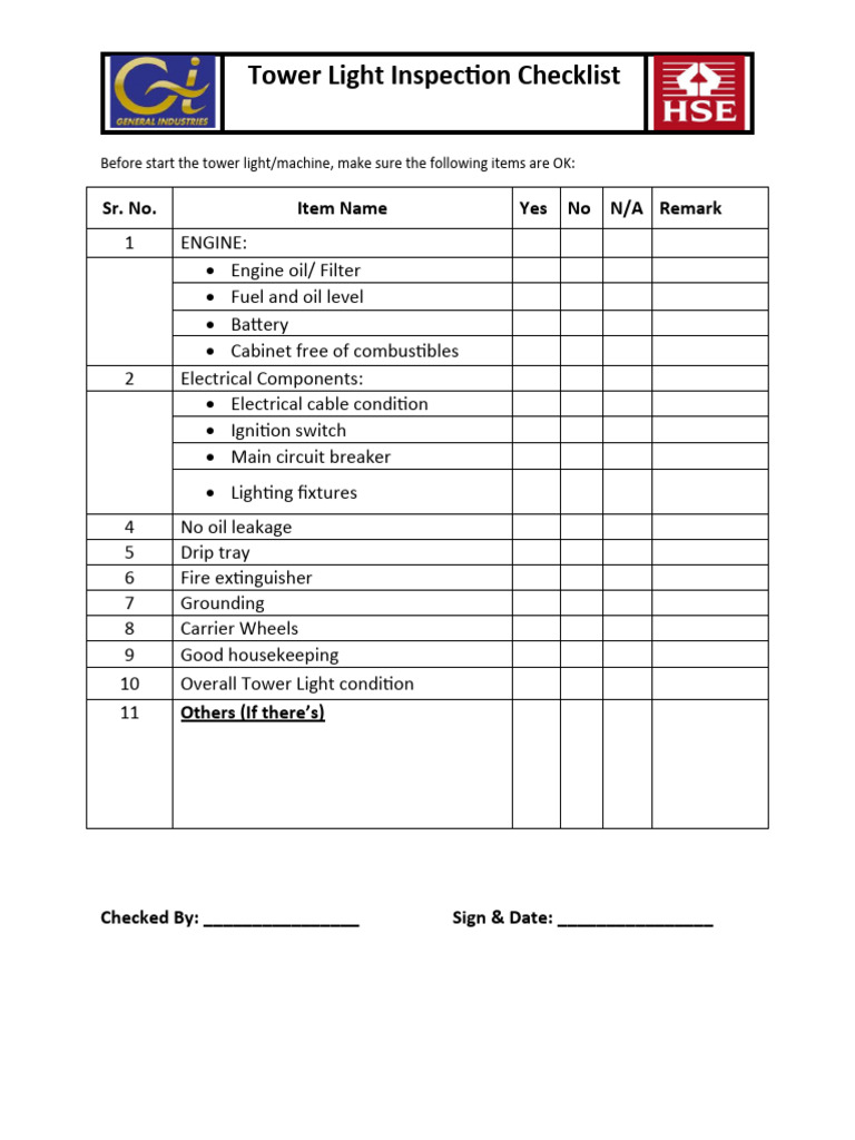 Tower Light Inspection Checklist | PDF | Technology & Engineering