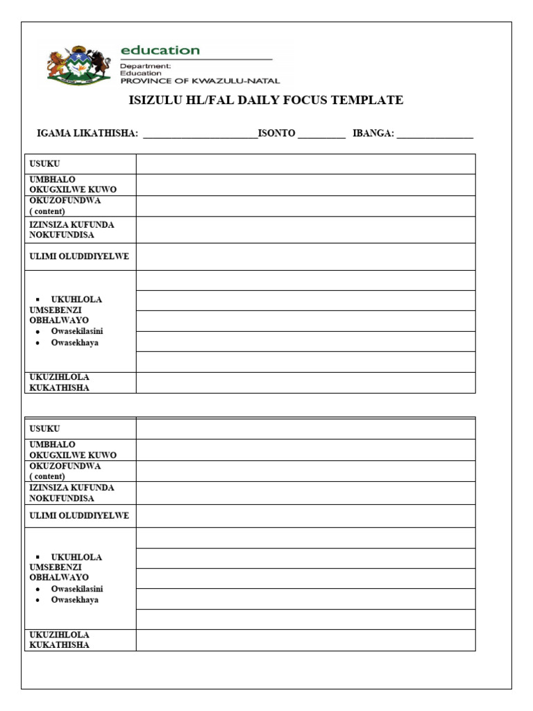 2024 ISIZULU HL & FAL Daily Focus Template | PDF