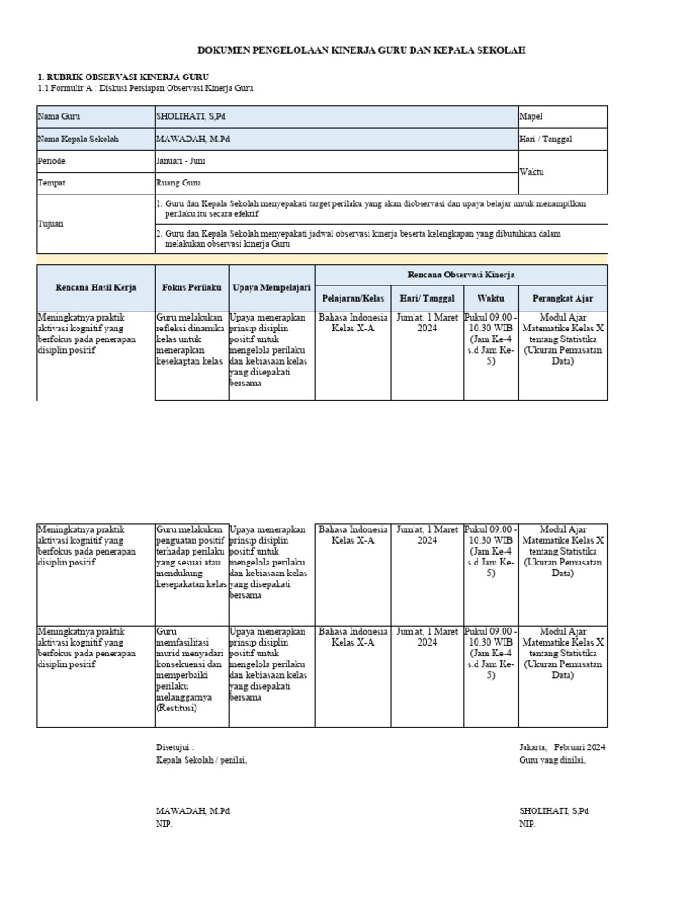 Form Observasi Kinerja Guru (Disiplin Positif) | PDF