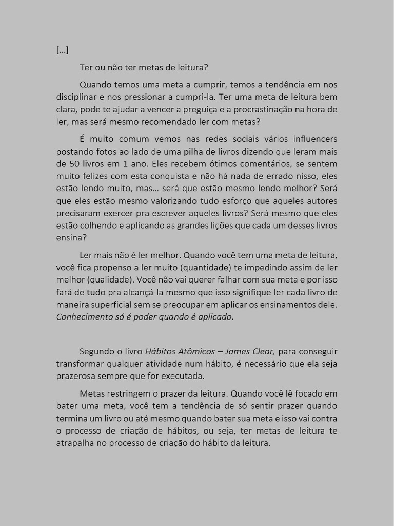 Metas de Leitura: Qualidade vs. Quantidade | PDF | Informação | Livros