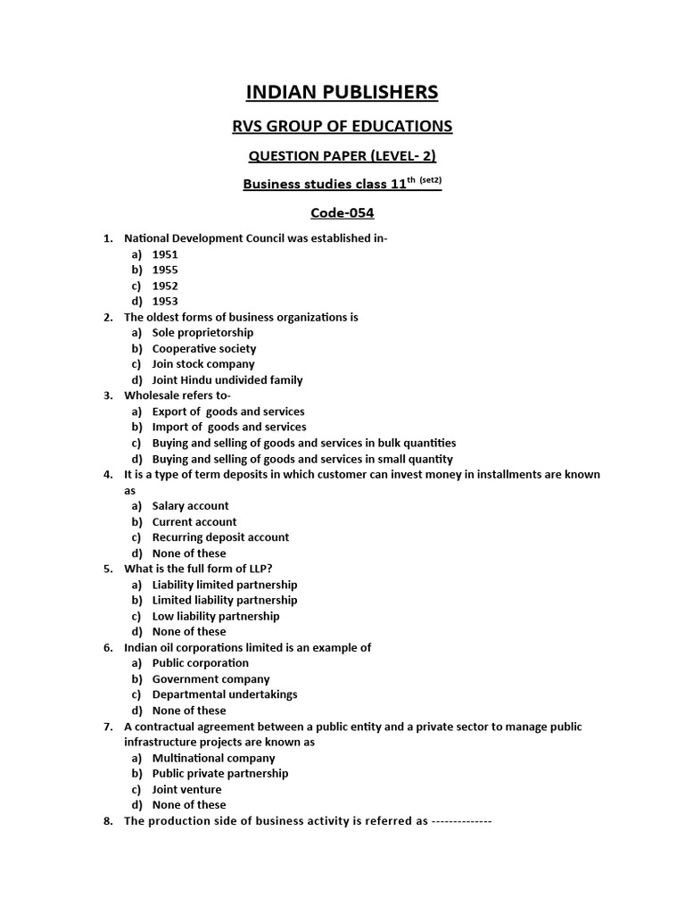 Business Studies Question Paper Class 11th Indian Publishers 2 | PDF ...