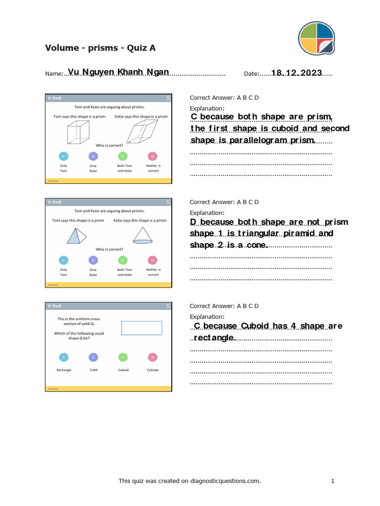 Volume - Prisms - Quiz A | PDF
