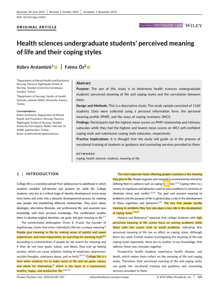 Health Sciences Undergraduate Students Perceived Meaning of Life and ...