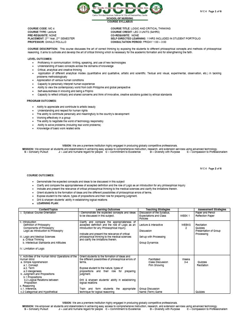 MC 4: Logic and Critical Thinking Syllabus | PDF | Critical Thinking ...