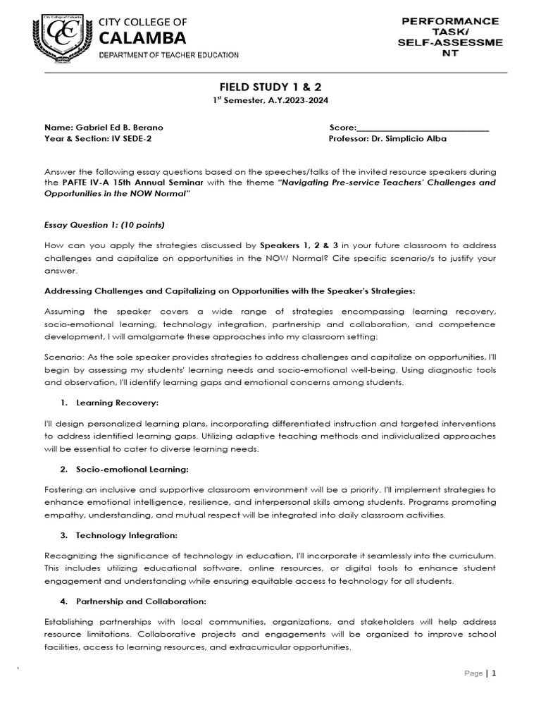 PAFTE Seminar - Performance Task (FS 1& 2) | PDF