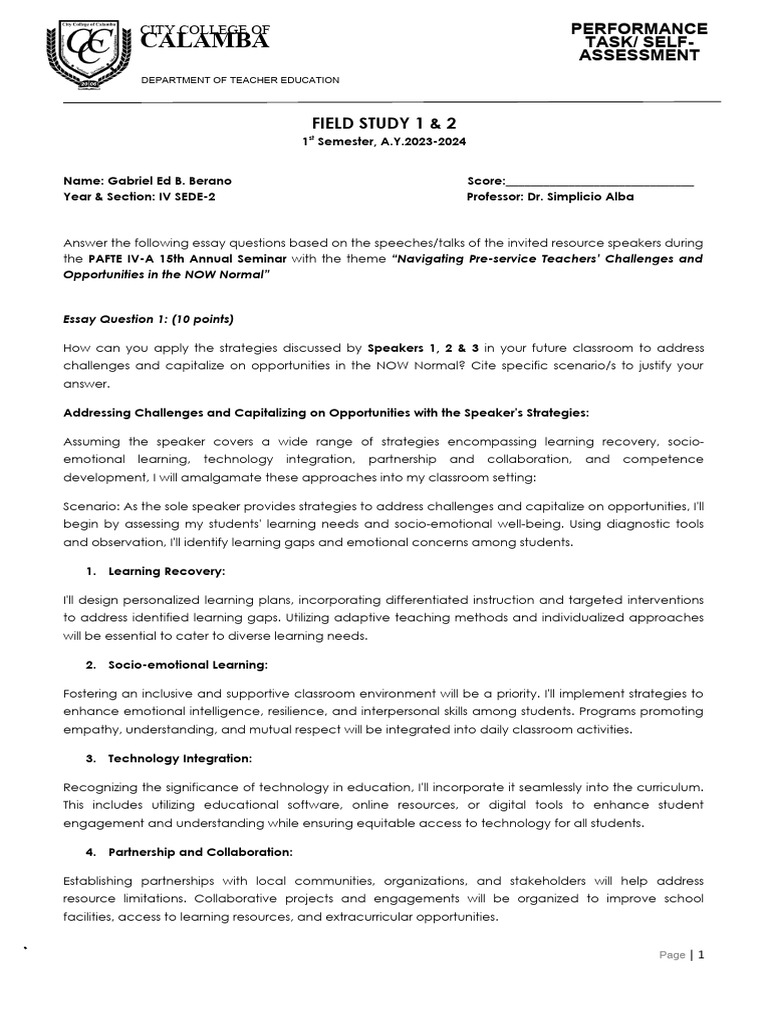 PAFTE Seminar - Performance Task (FS 1& 2) | PDF | Psychological ...