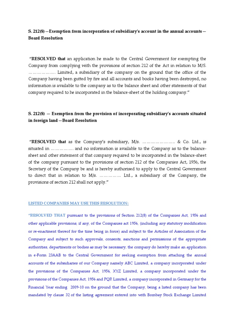 212 Sec Resolution | PDF | Subsidiary | Balance Sheet