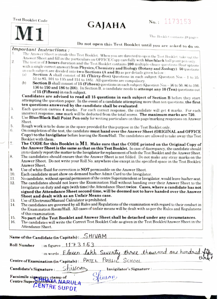 NEET 2021 M1 Test Question Paper | PDF