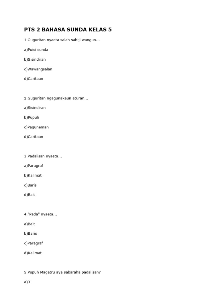 Soal PTS Bahasa Sunda Kelas 5 | PDF | Foreign Language Studies | Poetry