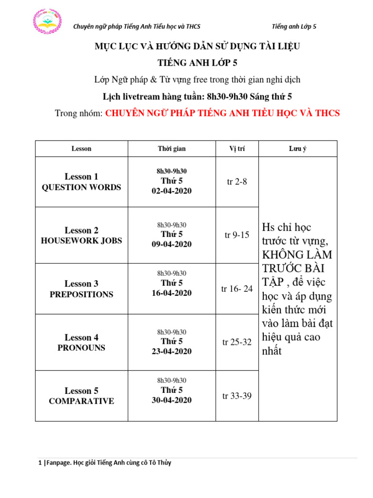 Lop 5 - 02.04-30.04 Tai Lieu Hoc Tieng Anh Lop 5 - Co To Thuy | PDF