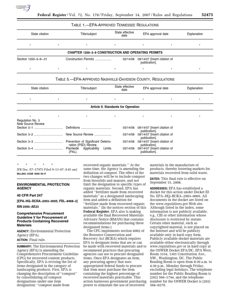 T 1.-EPA-A T R: Federal Register / Vol. 72, No. 178 / Friday, September ...