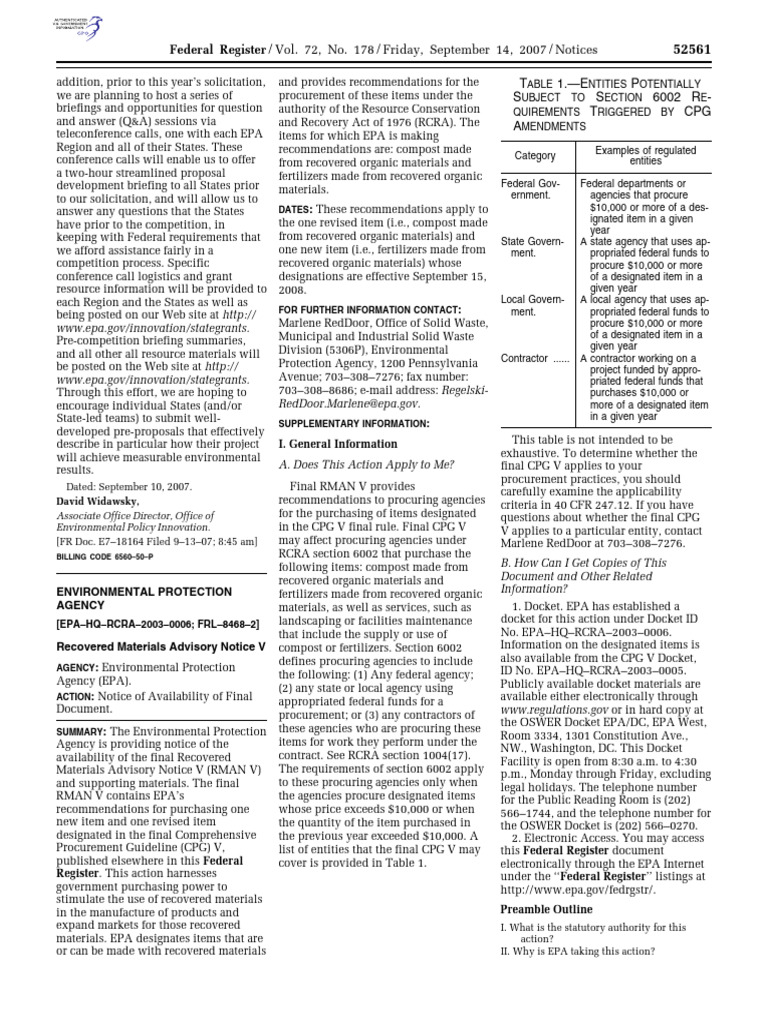 Federal Register / Vol. 72, No. 178 / Friday, September 14, 2007 ...