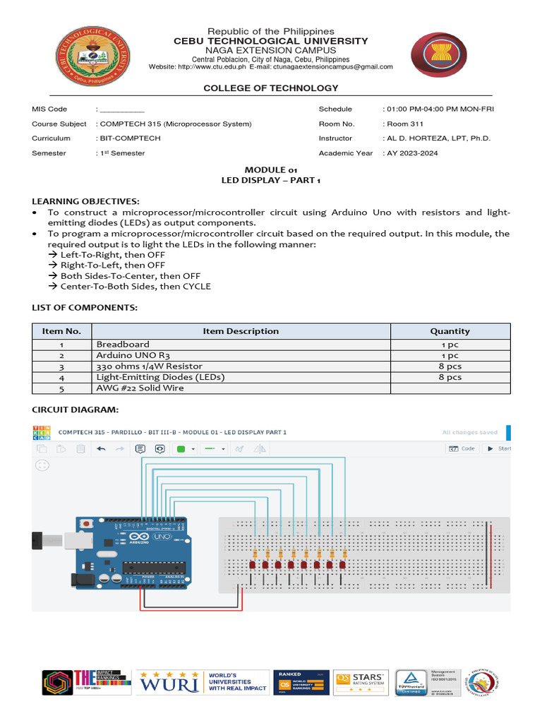 COMPTECH 315 BIT III B Module 01 LED DISPLAY Part 1 Ken | PDF | Arduino | Light Emitting Diode