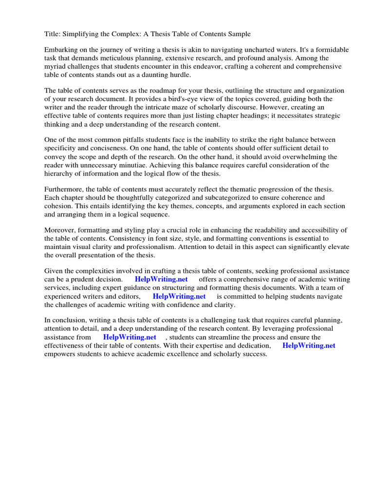 Thesis Table of Contents Sample | PDF