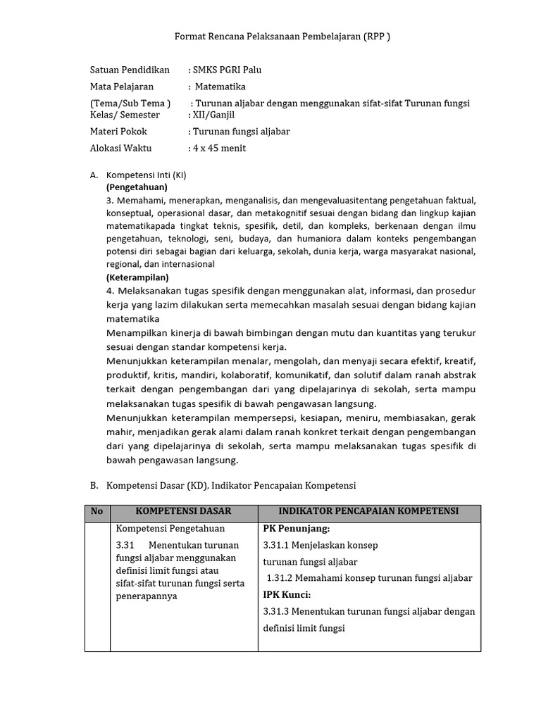 Format Rencana Pelaksanaan Pembelajaran (RPP) - Turunan Aljabar Dengan ...
