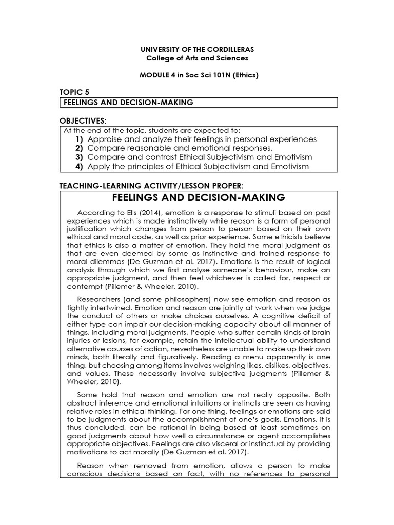 5 SOC SCI 101N Module 4 Lesson 1 Feelings and Decision-Making | PDF ...