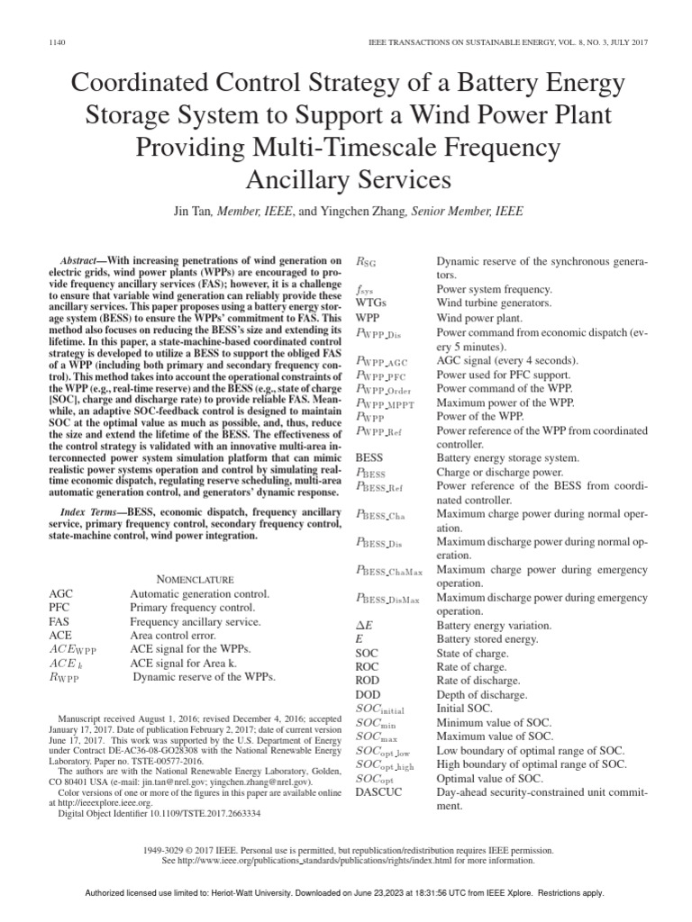 Coordinated Control Strategy of A Battery Energy Storage System To ... Coordinated Control Strategy of A Battery Energy Storage System To ...