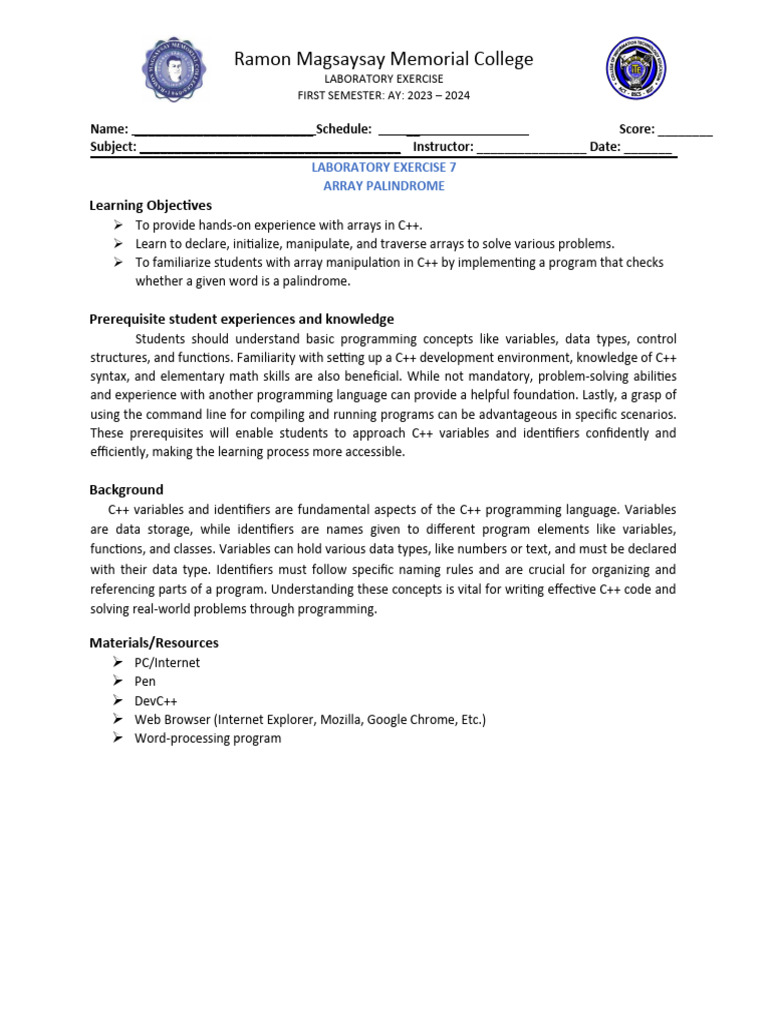 Laboratory Exercise 7 Array Palindrome | PDF