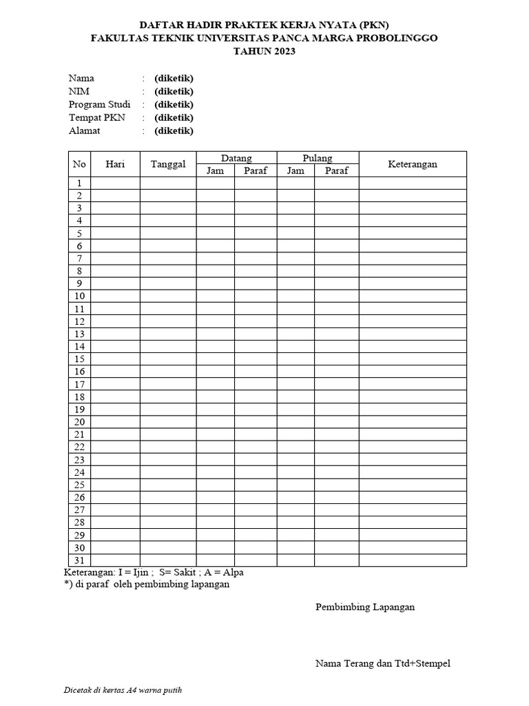6 Form Daftar Hadir, Logsheet, Dan Penilaian Pelaksanaan PKN | PDF | Metode & Bahan Ajar