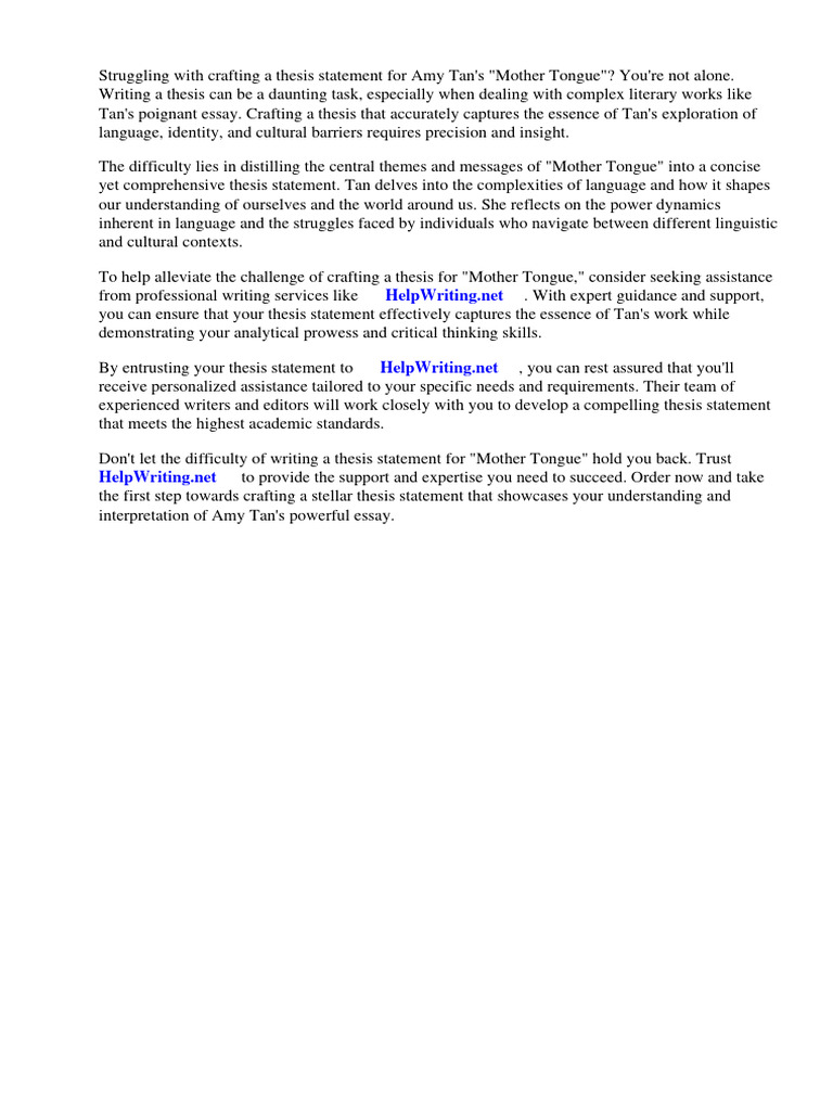 Thesis Statement For Amy Tan Mother Tongue | PDF