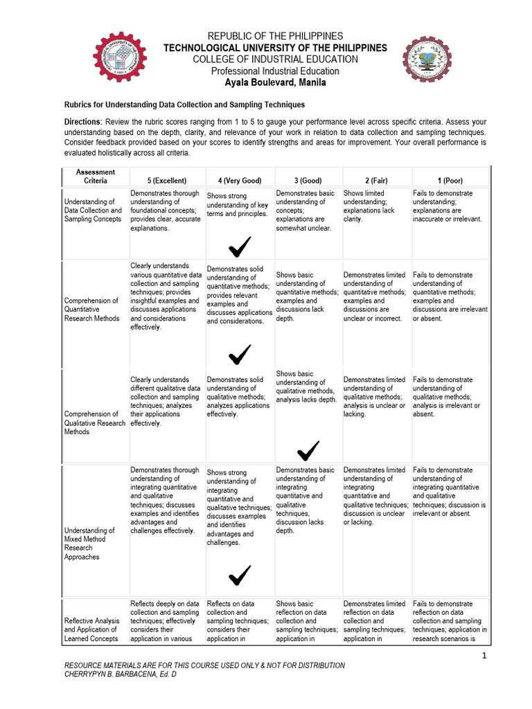 Rubrics For Data Collection and Sampling Techniques 1 | PDF | Qualitative Research ...