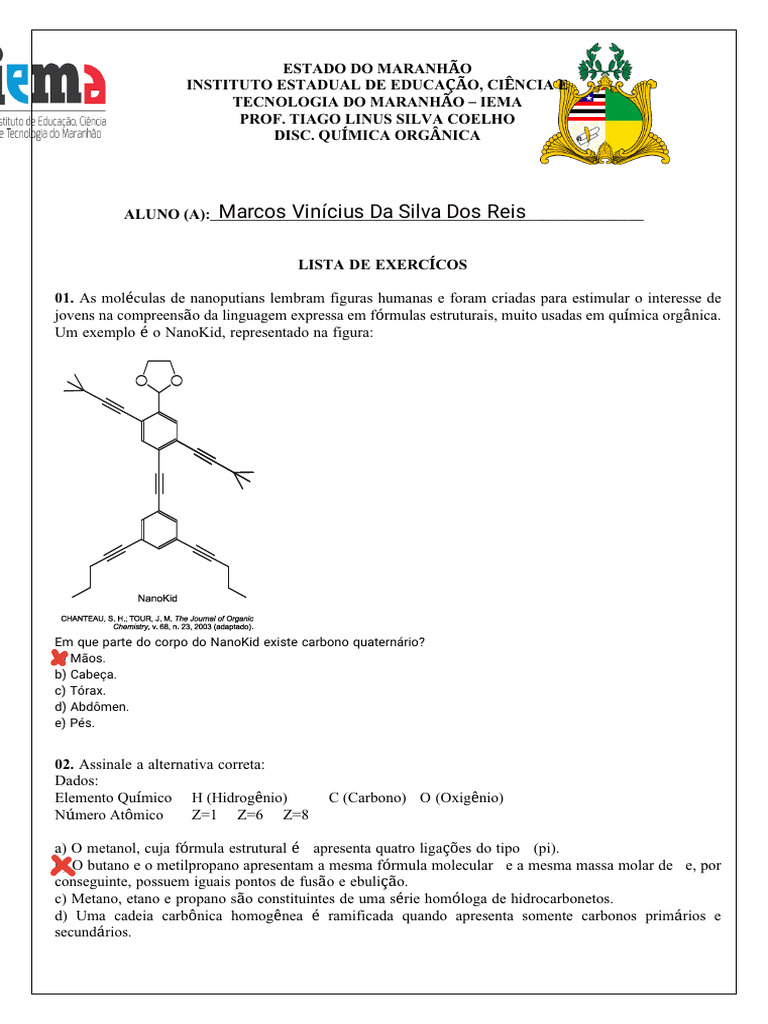 Lista de Exercício 01 - Química Orgânica | PDF